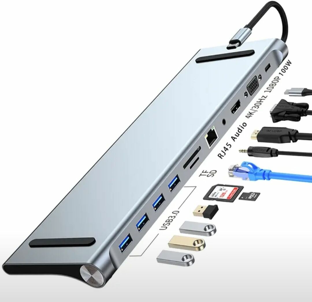 Док-станция 11 в 1 USB C с 4K HDMI-совместимым концентратором VGA Ethernet Type C 1 * многопортовый адаптер USB 3.0 3 * USB2.0 для MacBook