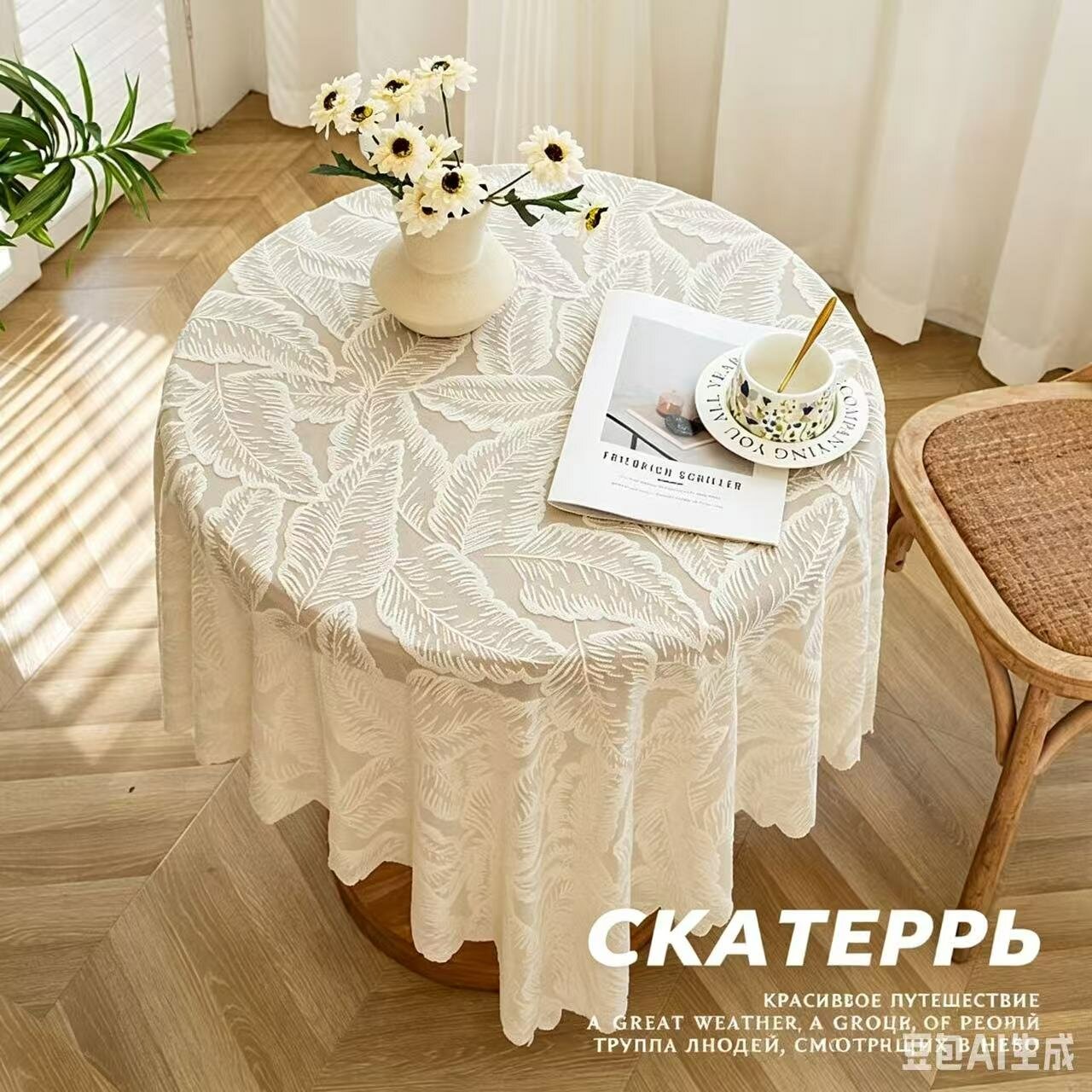 Белая тюлевая скатерть 140×200 см, с рельефным листьевым узором