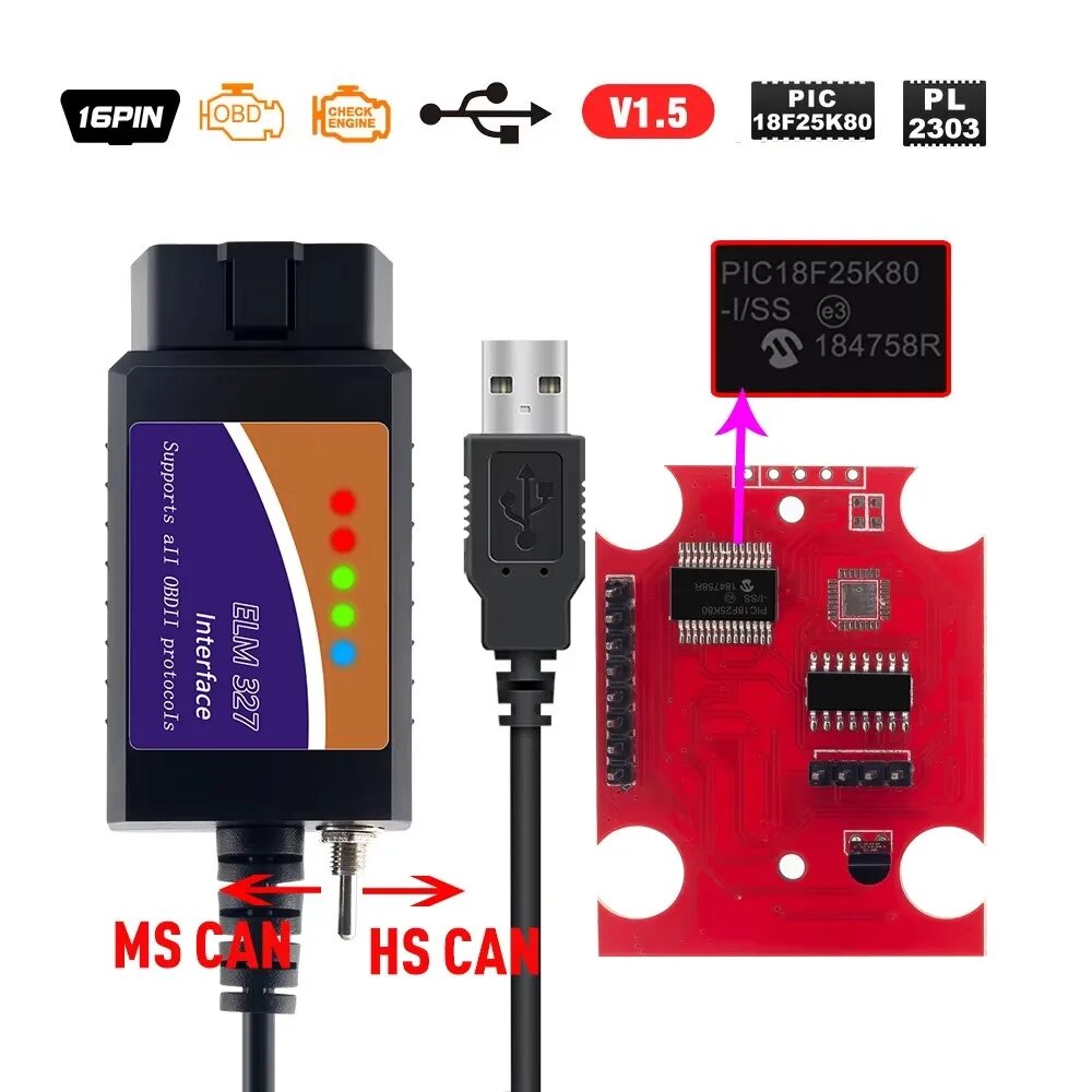 ELM327 USB V1.5 OBD2 Сканер HS/MS CAN, PIC18F25K80
