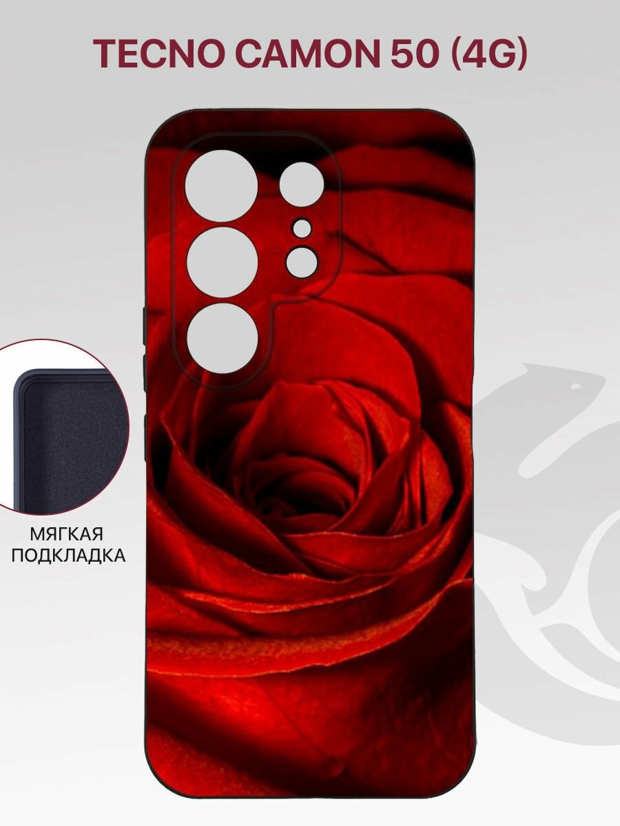 Чехол на Tecno Camon 50 4G с рисунком, с защитой камеры, с подкладкой из микрофибры, черный с принтом бутон розы