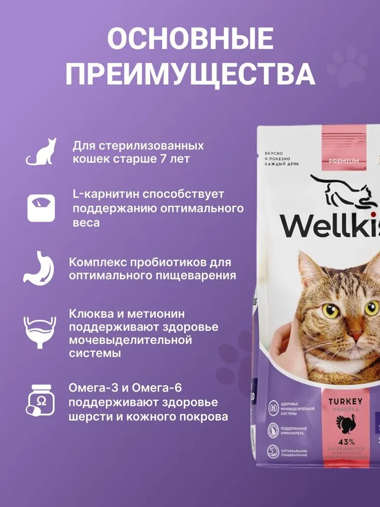 Wellkiss Senior Sterilized Сухой корм для стерилизованных кошек старше 7 лет, с индейкой, 400 гр.
