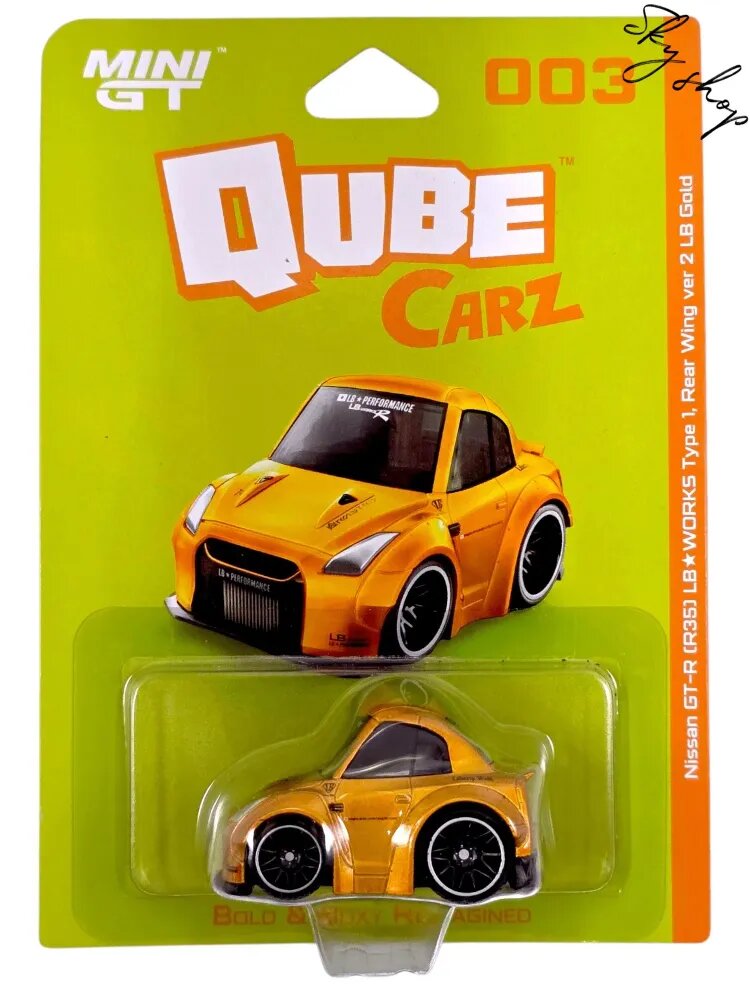 Машинка MINI GT QubeCarz #003 Nissan GT-R R35 LBWORKS Type 1, Rear Wing ver 2 LB Gold модельки машин металлические