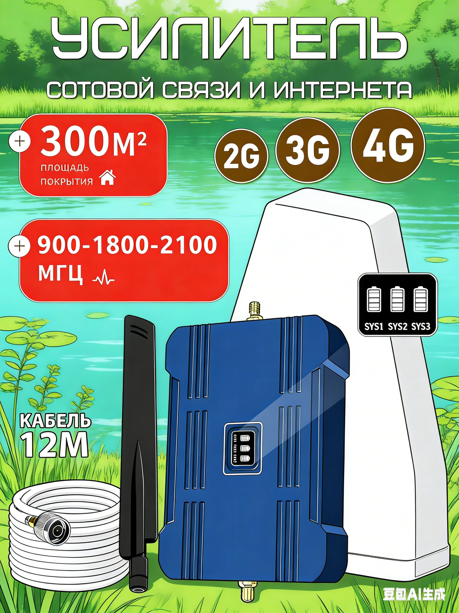 Усилитель сотовой связи 900/1800/2100 МГц (2G/3G/4G): до 70 км, направленный, синий, 1.3 кг