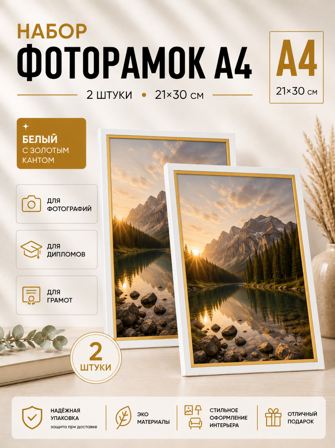 Набор фоторамок Премиум А4 21x30, 2 шт, белые с золотой окантовкой