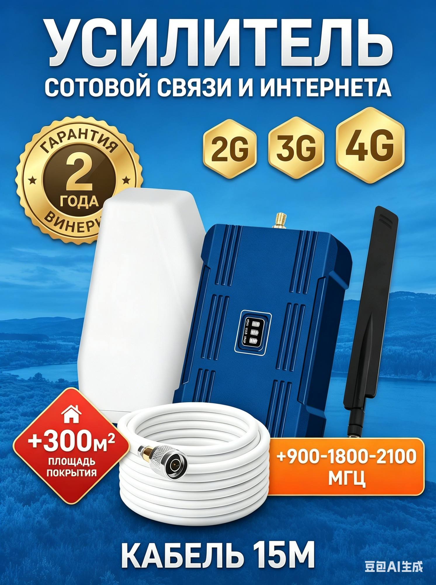 Усилитель сотовой связи 900/1800/2100 МГц (2G/3G/4G): до 70 км, направленный, синий, 1.3 кг