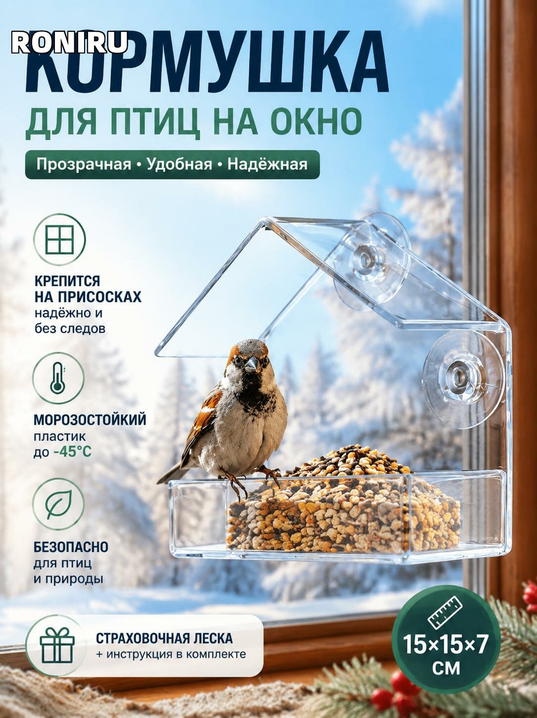 Прозрачная кормушка для птиц на окно с присосками 15х15х7 см — пластиковый скворечник для синиц и снегирей для дома