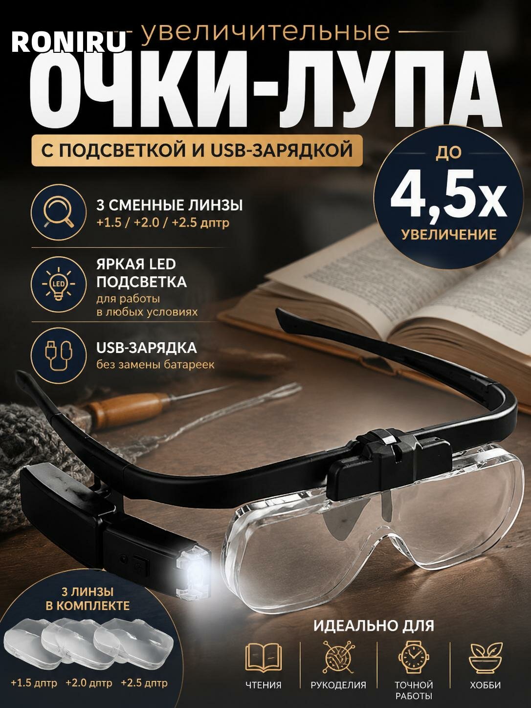 Увеличительные очки-лупа с подсветкой и USB-зарядкой, 3 сменные линзы (+1.5/+2.0/+2.5 дптр) для рукоделия и чтения
