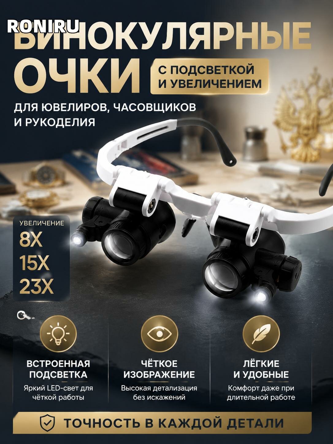 Бинокулярные очки с подсветкой и увеличением 8X 15X 23X для ювелиров, часовщиков и рукоделия — удобные и точные
