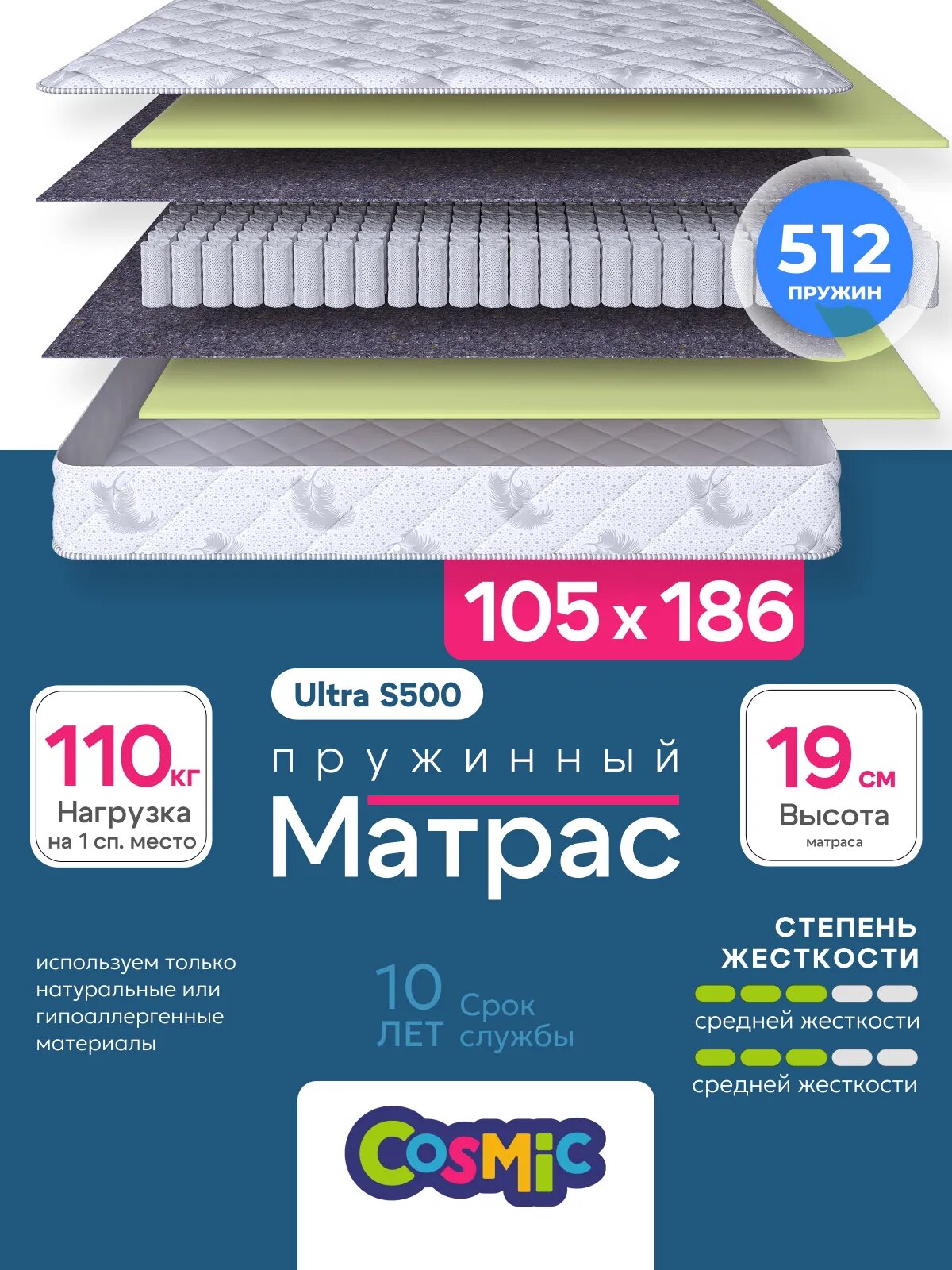 Матрас Cosmic Ultra 105x186 см, пружинный, средней жесткости, высота 20 см, анатомическая поддержка