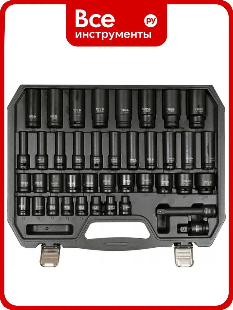 Набор головок торцовых 1/2"DR, длинные, короткие, 9-30 мм, ударные с переходниками, 40 предметов YATO YT-10555