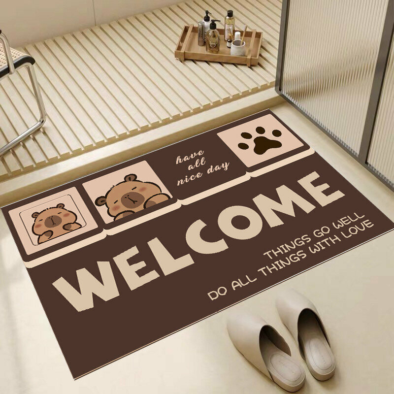 Floor mat minimalist blue bear with capybara and bear printed design for entryway and bathroom style5, blue