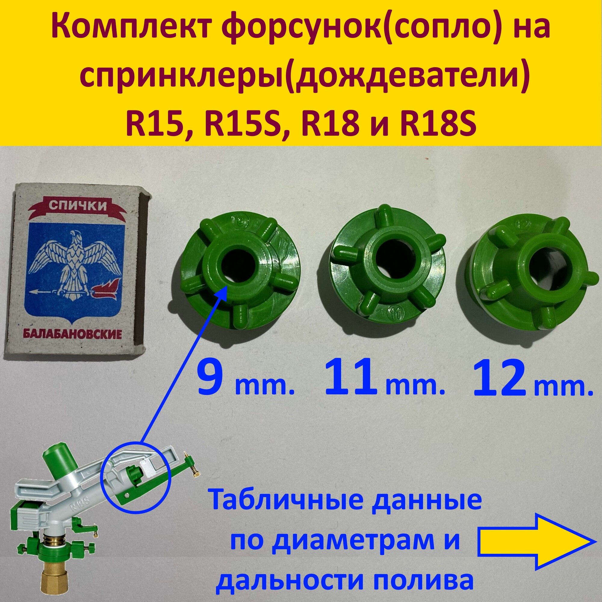 Три форсунки-сопла(9,11 и 12mm.) спринклера(дождевателя) на модели R15, R15S, R18 и R18S. Фирма Idromeccanica Rossi Sprinklers. Сделаны в Италии.
