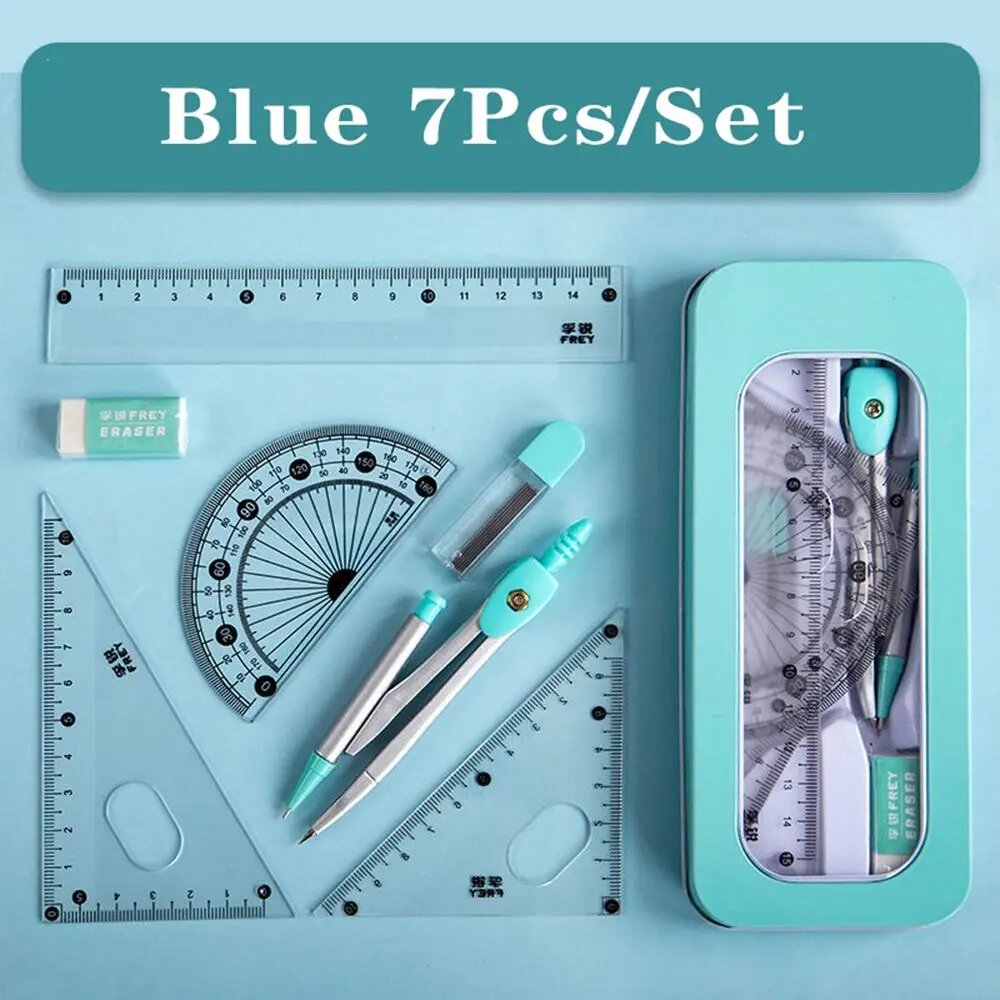 Геометрический набор 7 шт, линейка, транспортир, компас Синий, Blue