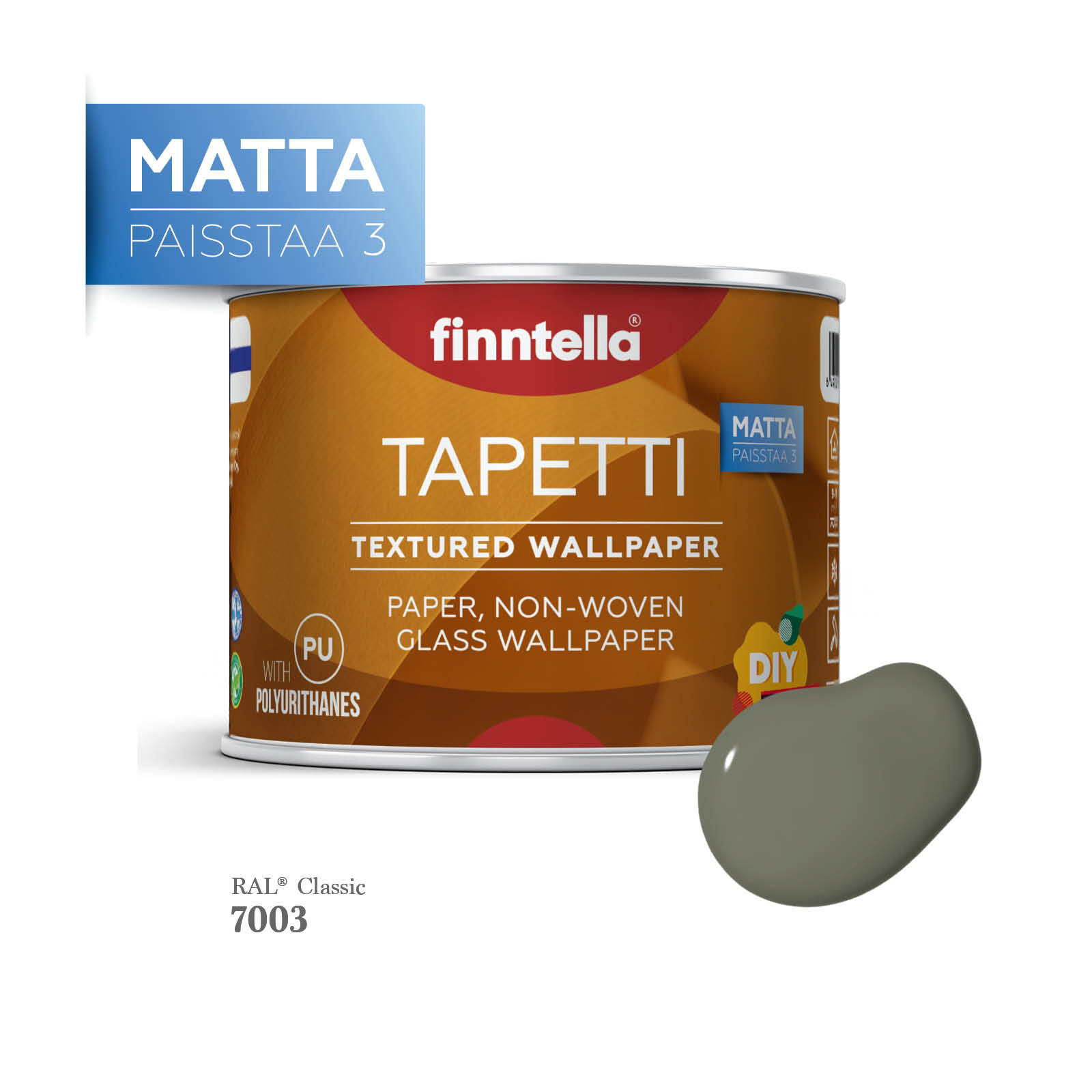 Матовая краска для обоев под окраску TAPETTI Matta FINNTELLA, Цвет RAL 7003 Серый мох (Moss grey), 0,45л