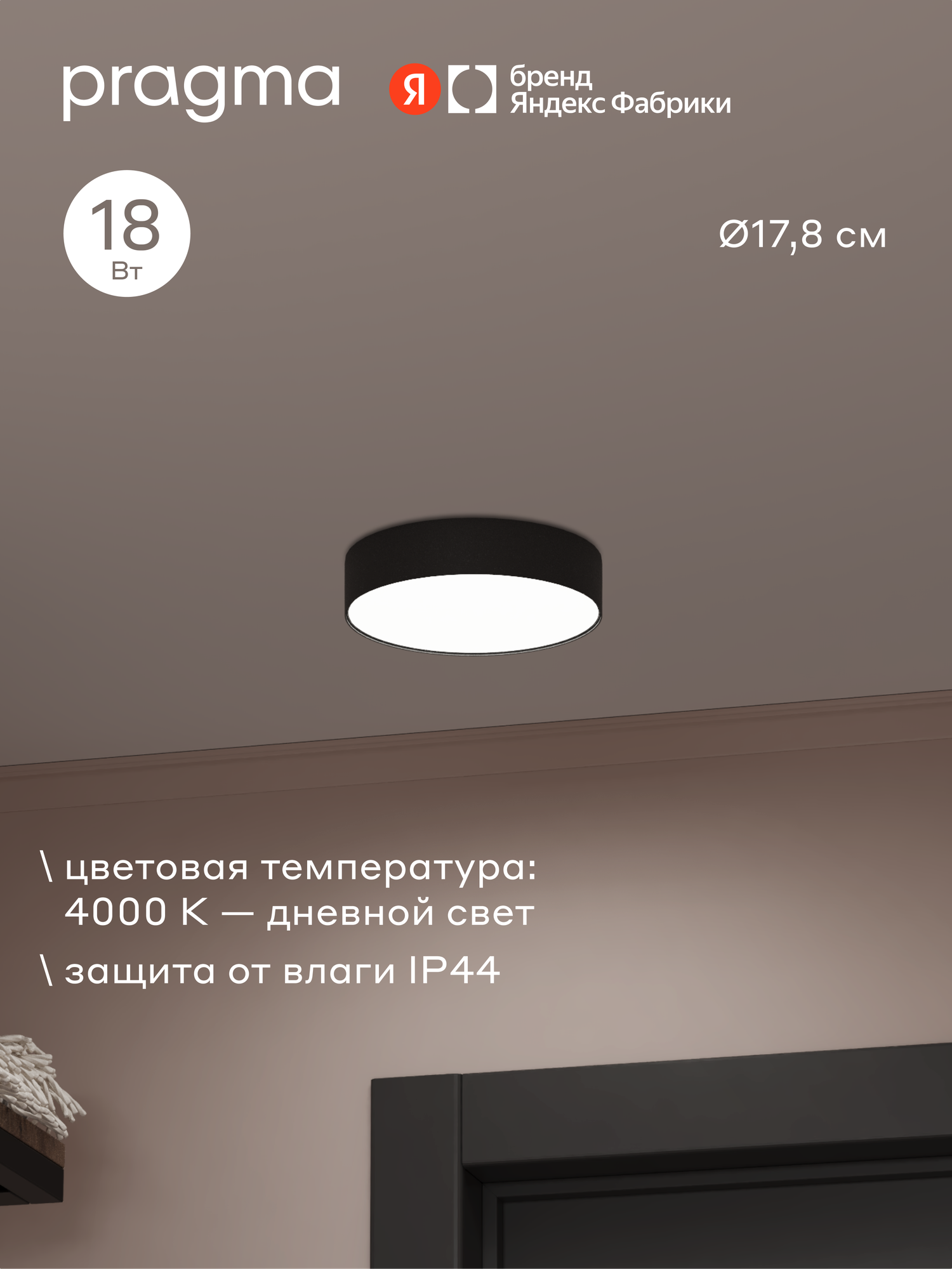 Pragma Tinsu Светильник потолочный светодиодный, 18 Вт, круглый, 178 мм, IP44, чёрный, нейтральный свет, 4000K