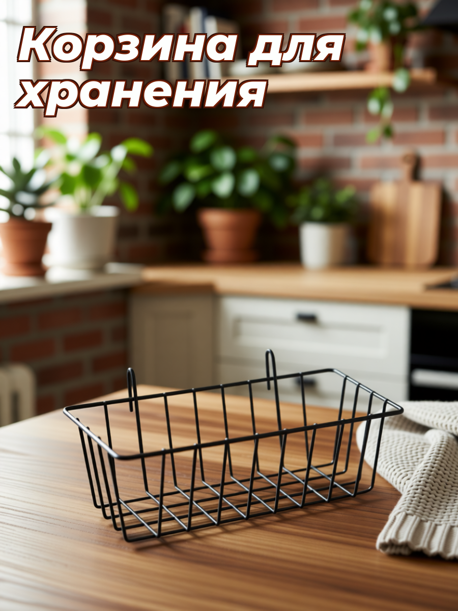 Настенная металлическая корзина из железа черного цвета для хранения в ванной и кухне