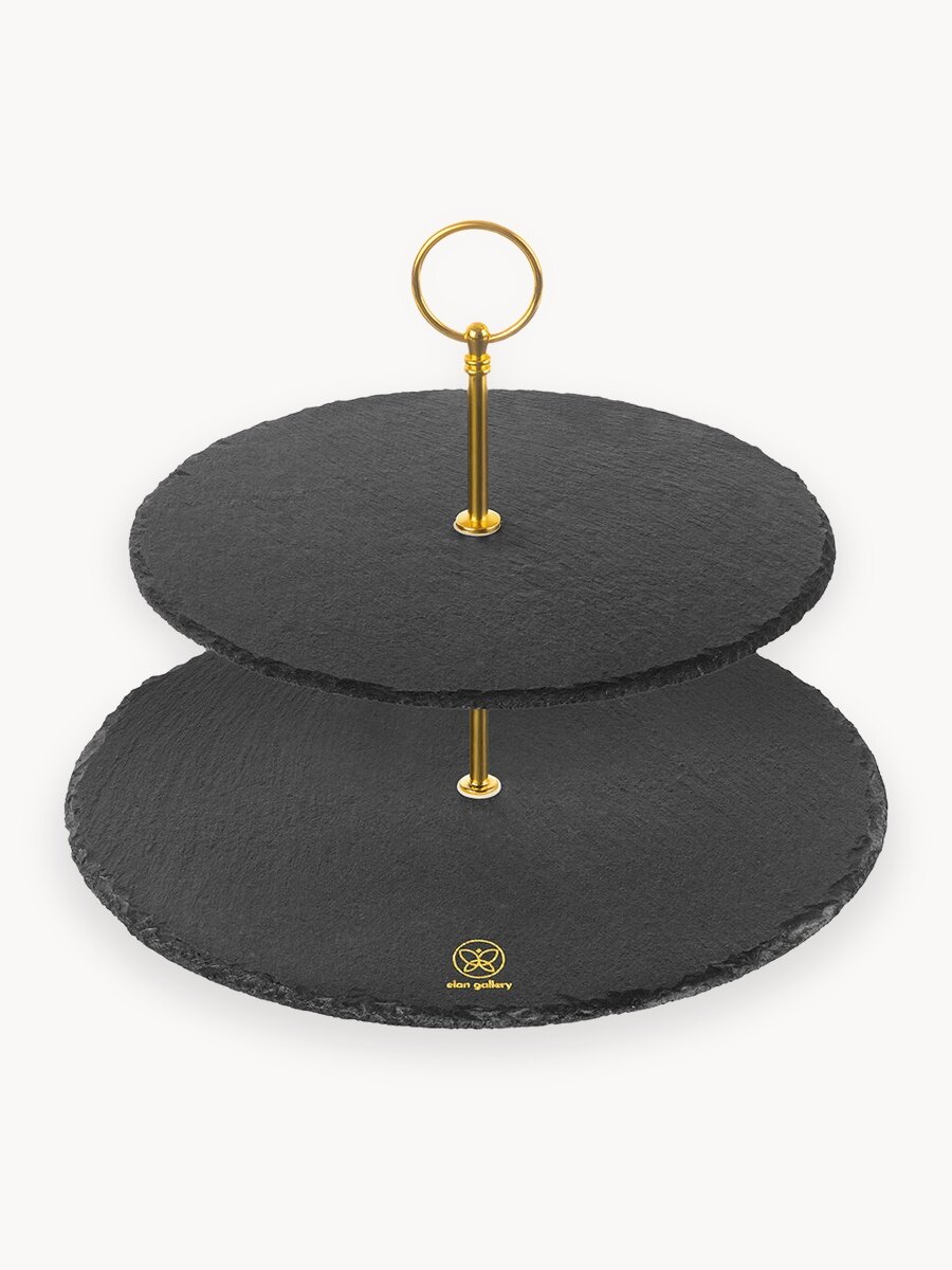 Блюдо-этажерка Elan Gallery, сланец/металл, двухъярусная, черная, 30×30×23 см