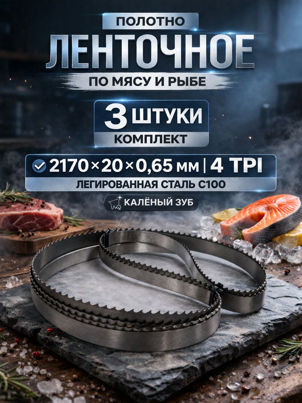 3 шт. Полотно для ленточной пилы 2170х20х0.65х4TPI по мясу, кости и рыбе (Meat master, каленый зуб)