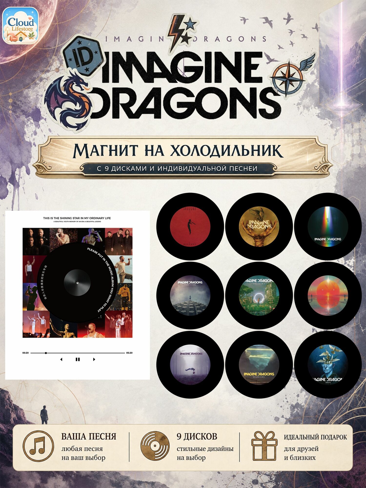 Магнит на холодильник с 9 дисками и индивидуальной песней Imagine Dragons/мини проигрыватель на холодильник