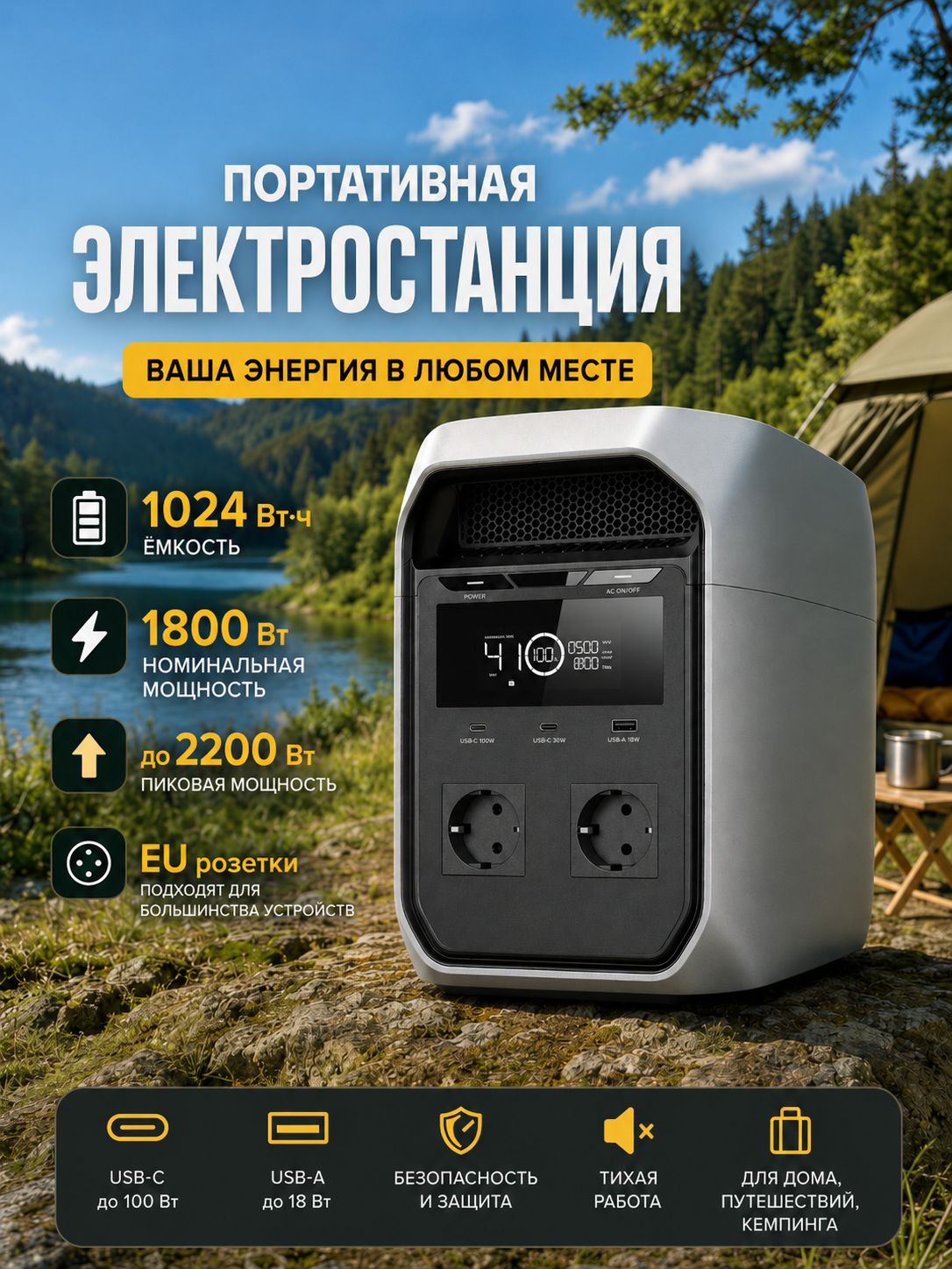 Портативная электростанция DELTA 3 Classic 1024 Втч с инвертором 1800 Вт для активного отдыха и дома