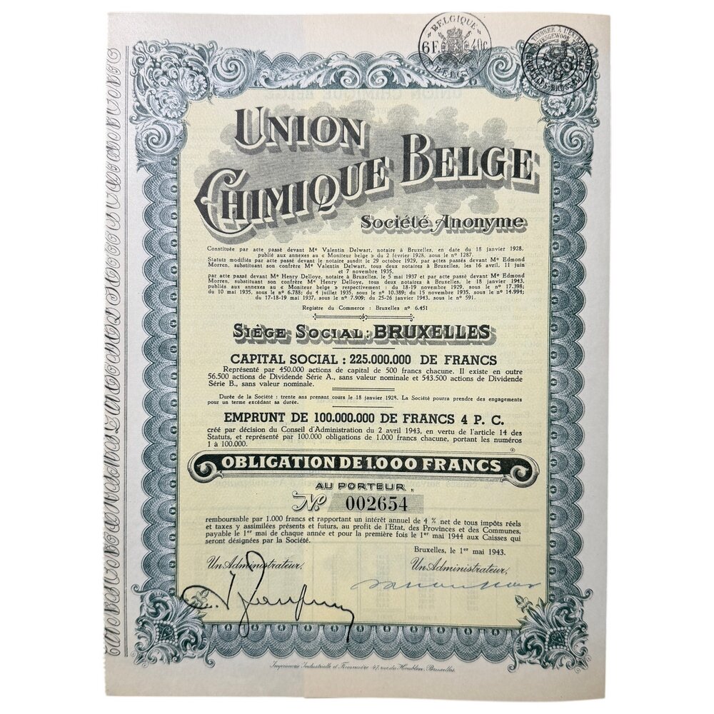 Бельгия, Union Chimique Belge S.A, облигация на 1000 франков 1943 г.