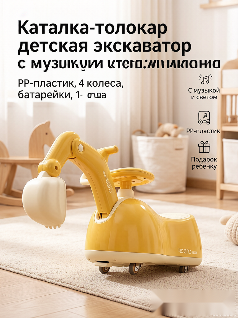 Каталка-толокар детская экскаватор с музыкой и светом, лимонный, 47×27×30 см