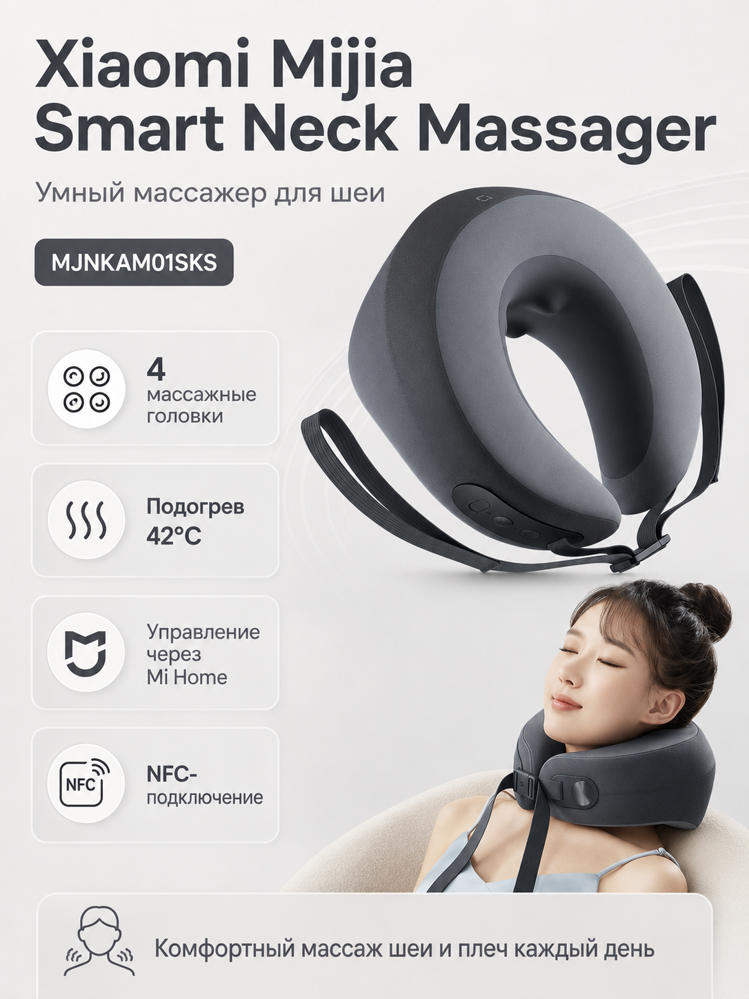 Массажер для шеи Xiaomi Mijia Smart Neck Massager MJNKAM01SKS, 4 массажные головки, подогрев 42°C, Mi Home, NFC