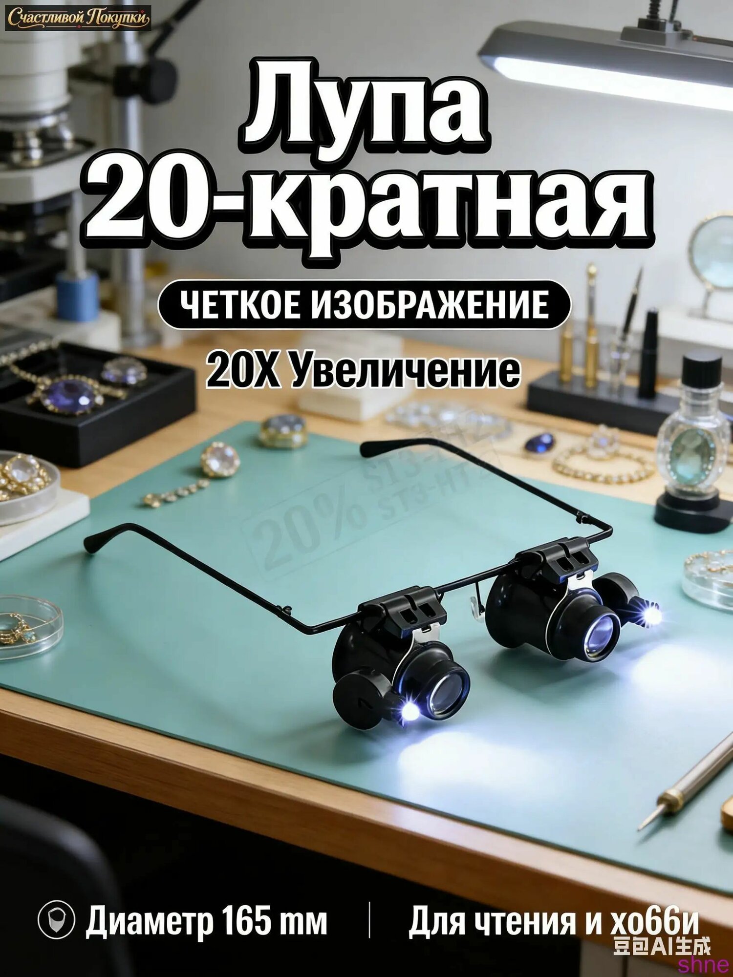 Лупа настольная20-кратная с LED подсветкой, диаметр линзы 156 мм, для ремонта часов и ювелирных работ