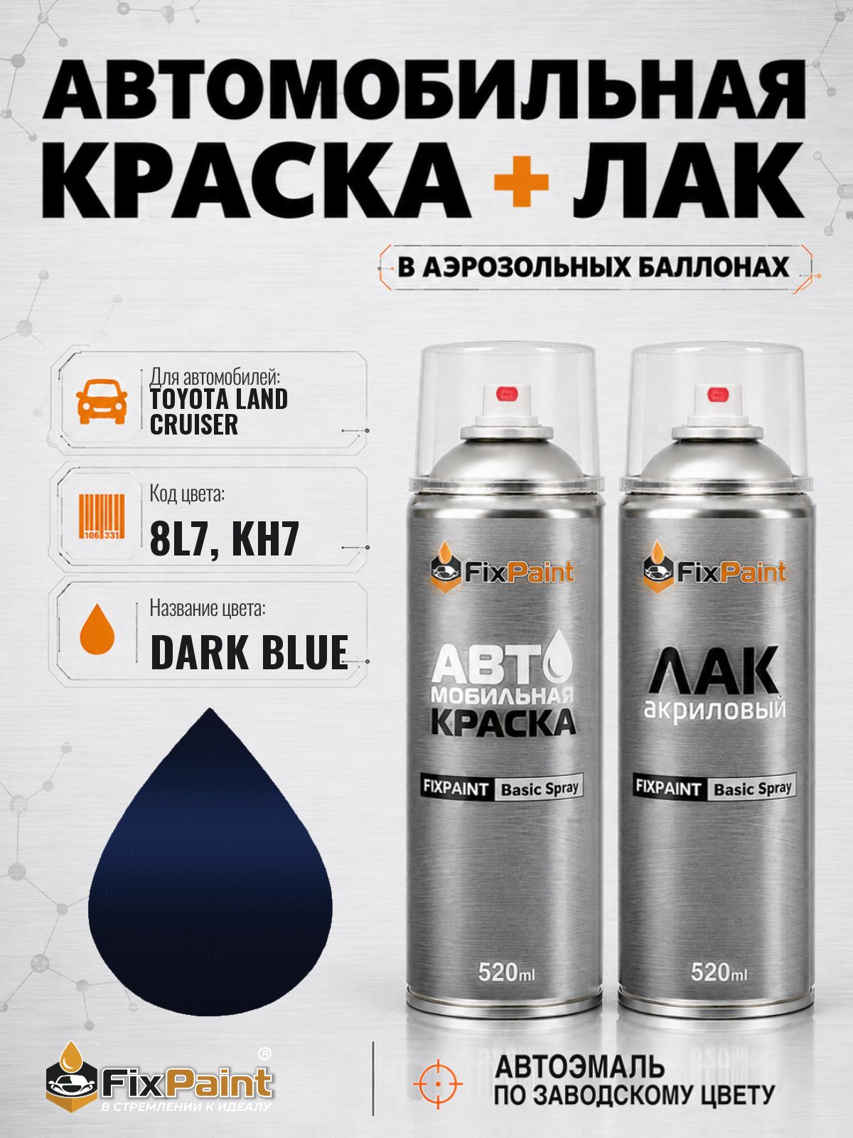Краска и лак для TOYOTA LAND CRUISER, код 8L7, KH7, DARK BLUE, автомобильная эмаль базовая и акриловый глянцевый лак FixPaint в аэрозольных баллонах 520 мл
