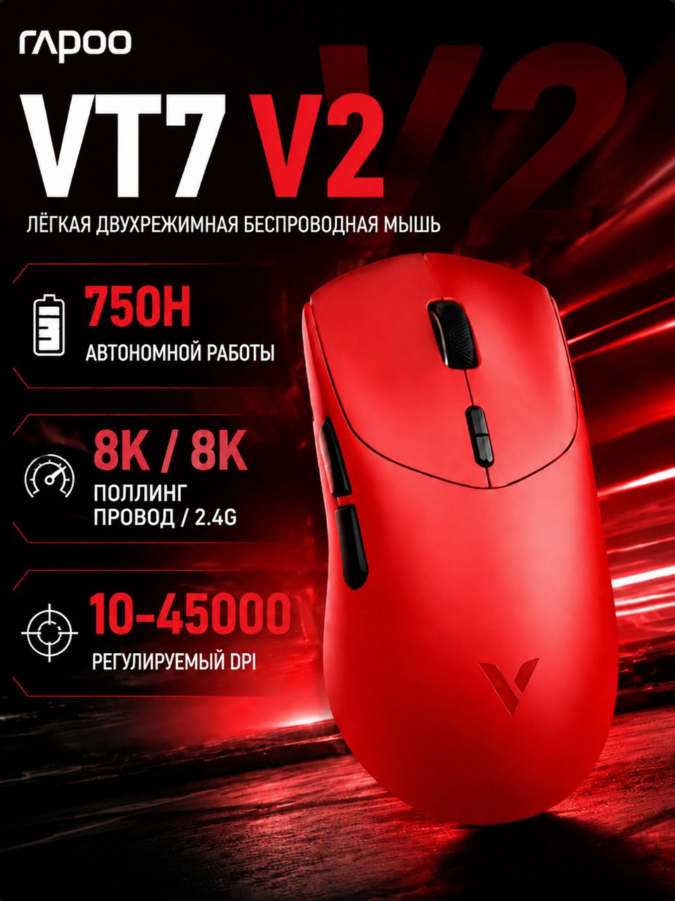 Беспроводная игровая мышь Rapoo VT7 V2 (двойной 8000Hz, 8K Polling Rate, 2 режима подключения, ультралегкая, сенсор PixArt, RGB)