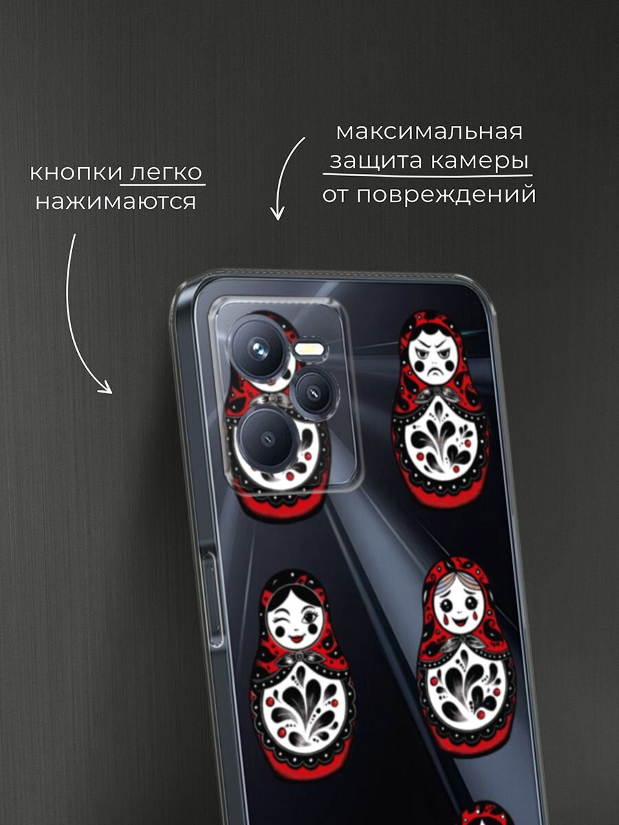 Чехол на Realme C35 / Реалми C35 с принтом Разные матрешки, прозрачный — фото 1