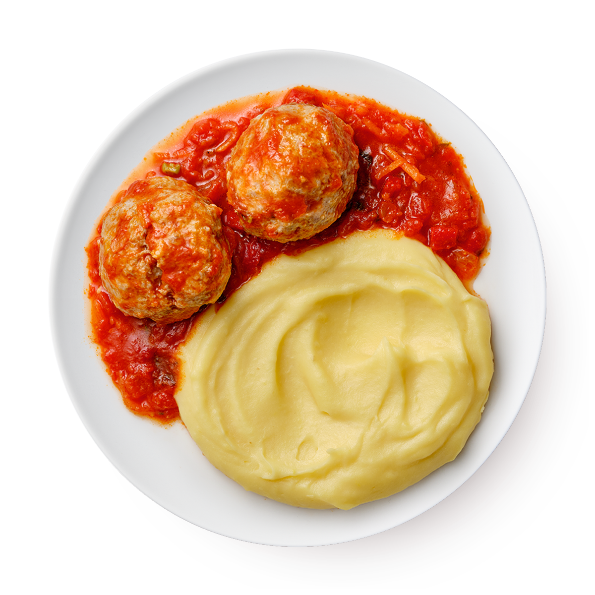 Тефтели из говядины и свинины в томатной поджарке с картофельным пюре «Грабли»