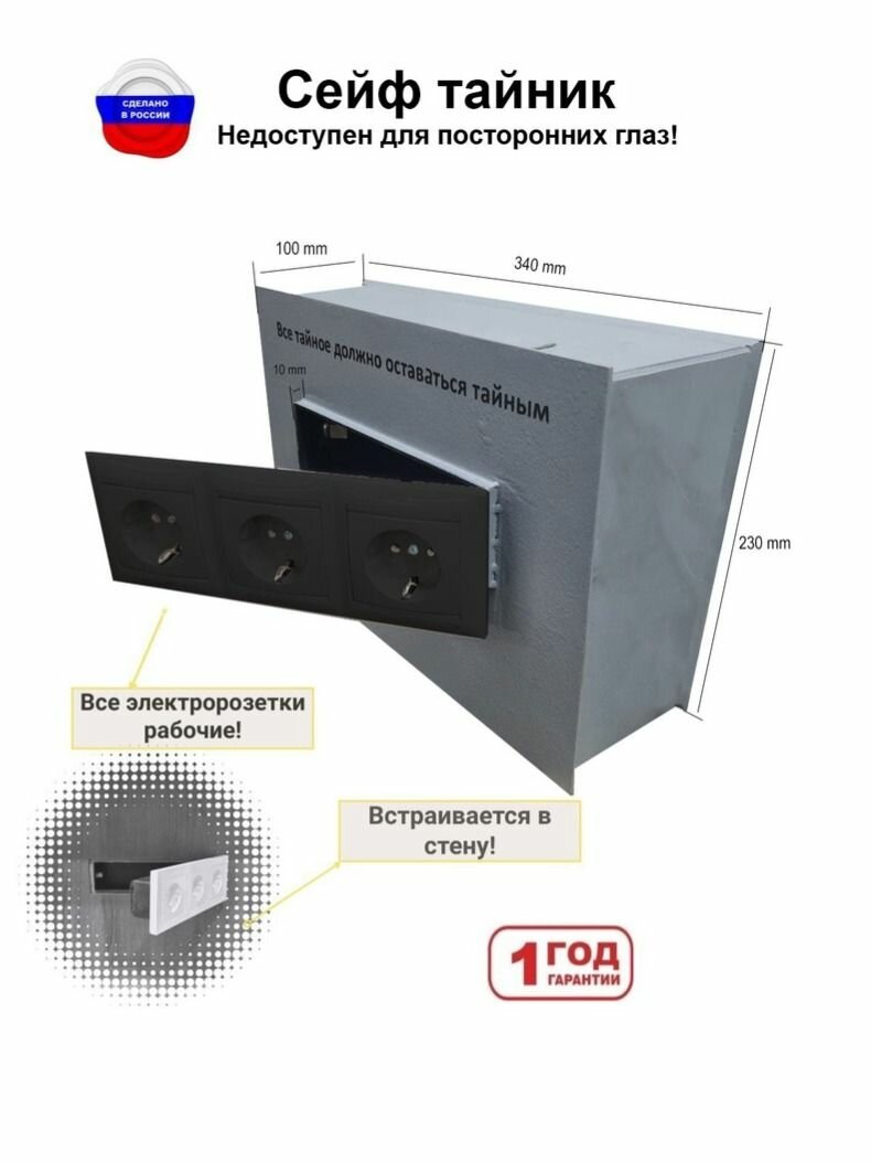 Скрытый сейф-тайник для денег и документов с блоком рабочих розеток Legrand. Встраиваемый в стену на глубину 10 см.