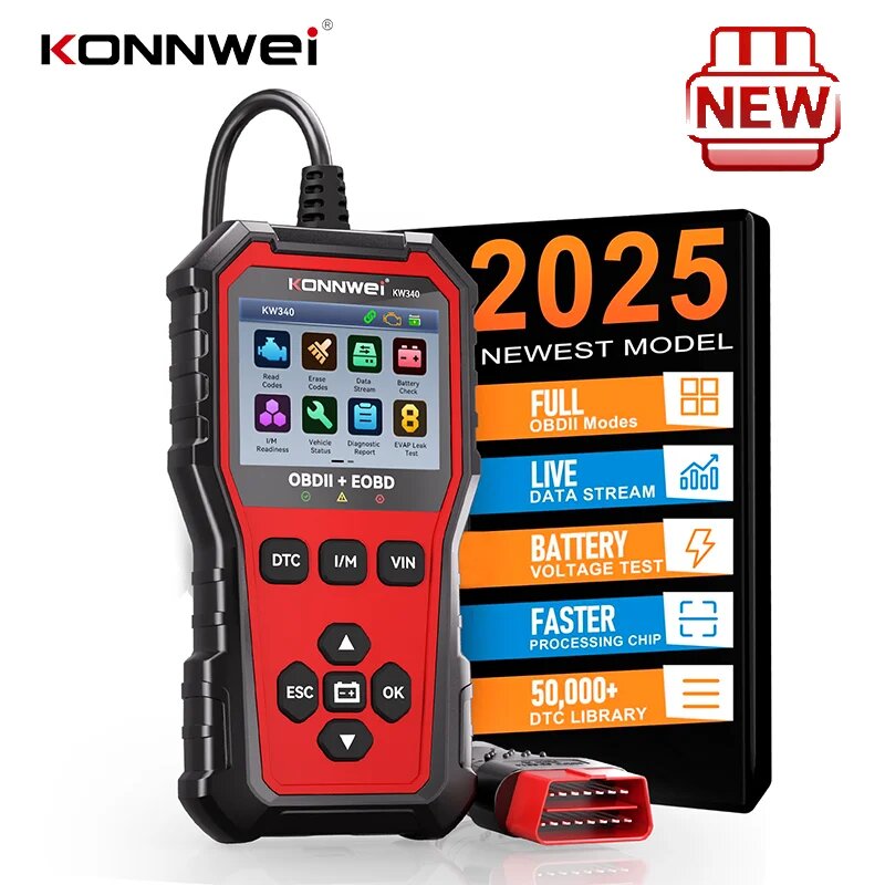 Диагностический прибор KONNWEI KW340 для автомобилей OBD2, CAN, EOBD 3-в-1: тестирование двигателя и аккумулятора, чтение и сброс кодов неисправностей, данные в реальном времени, инструмент для проверки O2