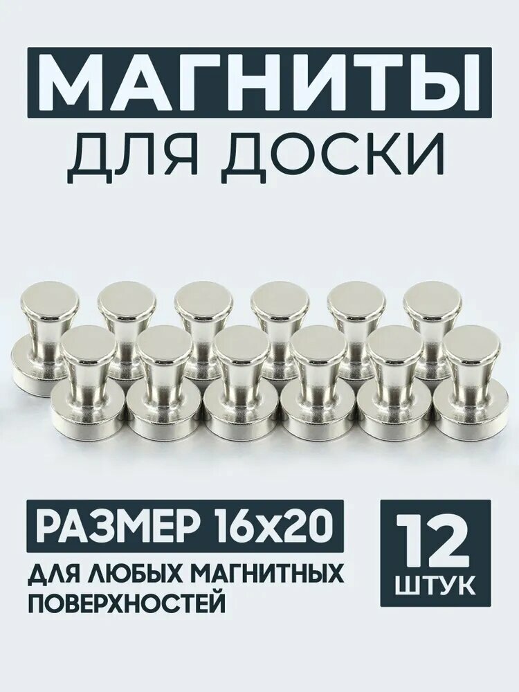 Магниты для доски неодимовые, набор магнитов 12 штук, серебристые