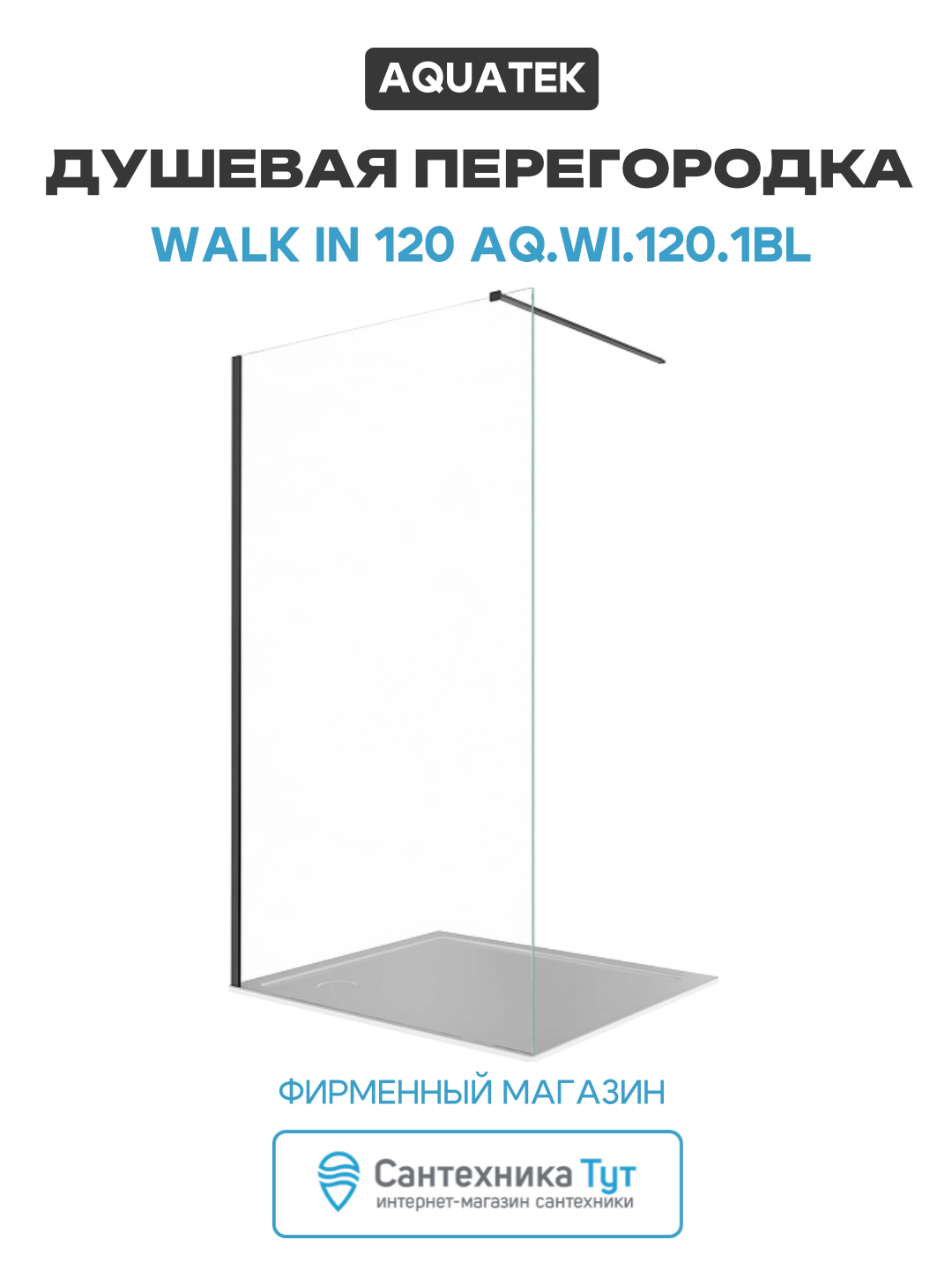 Душевая перегородка Aquatek Walk In 120 AQ. WI.120.1BL профиль Черный матовый стекло прозрачное