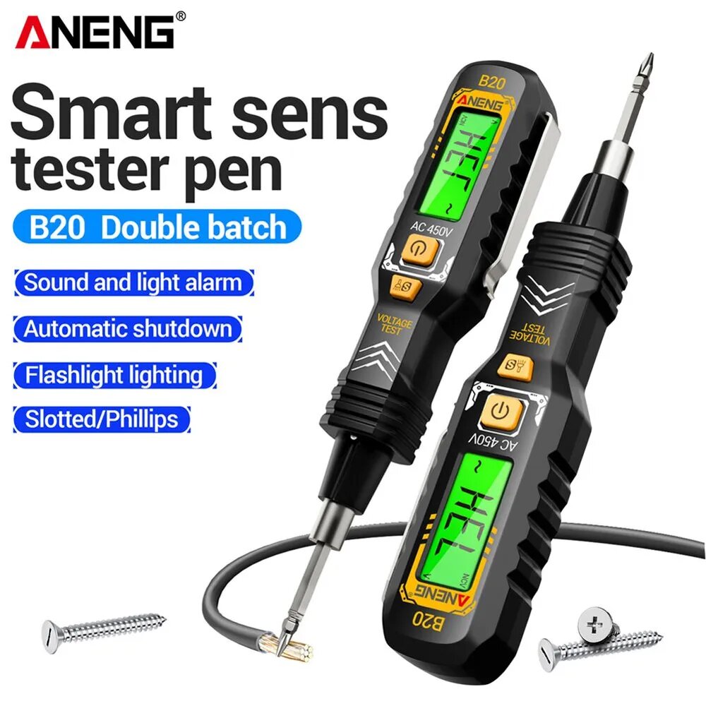 Цифровой тестер напряжения ANENG B20 с LCD-подсветкой, NCV и встроенной отвёрткой