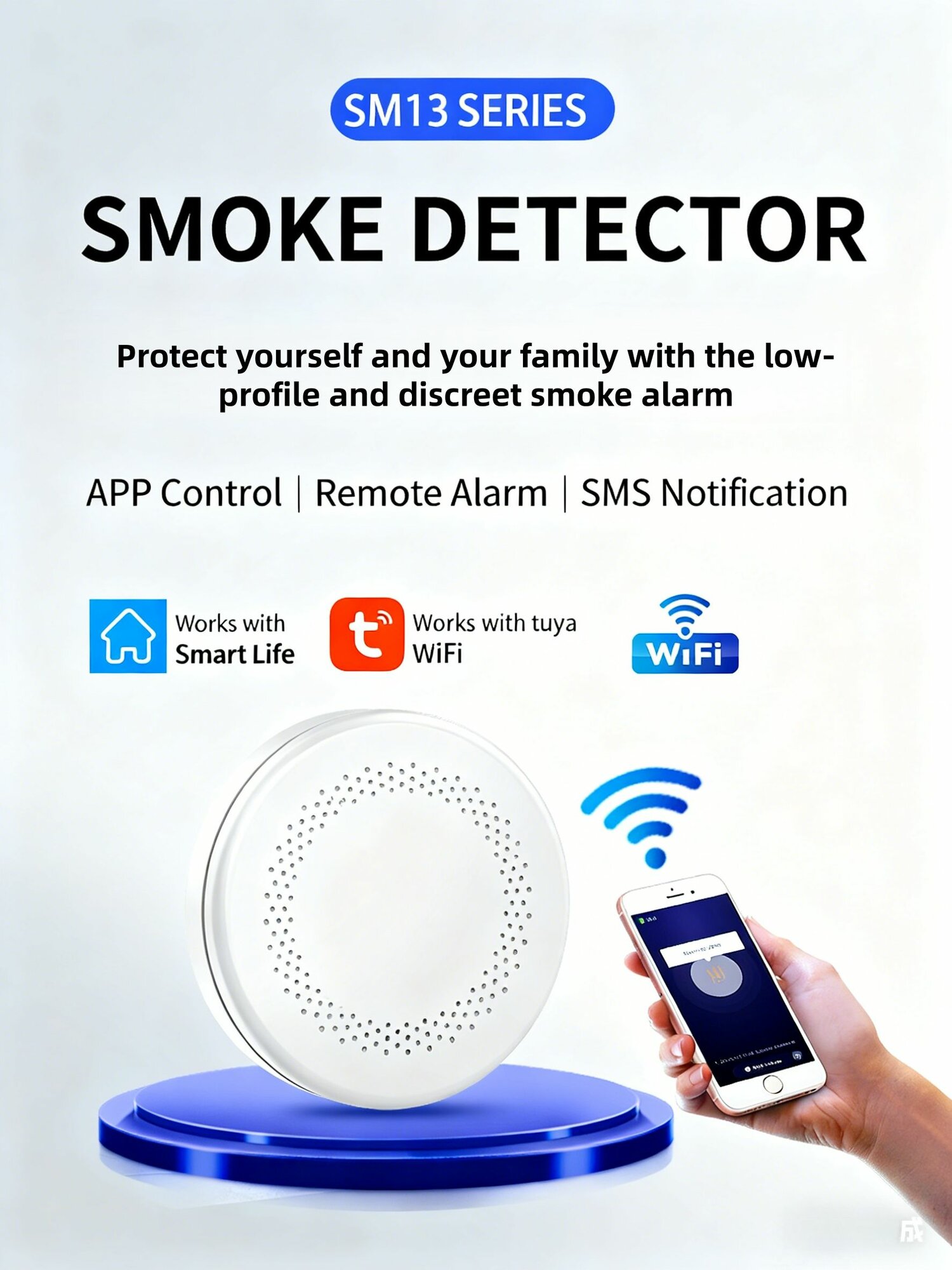 Умный Wi-Fi датчик дыма SM13 Tuya Smart Life, фотoэлектрический сенсор, громкая сирена 85 дБ, ультратонкий дизайн, пожарная сигнализация для дома