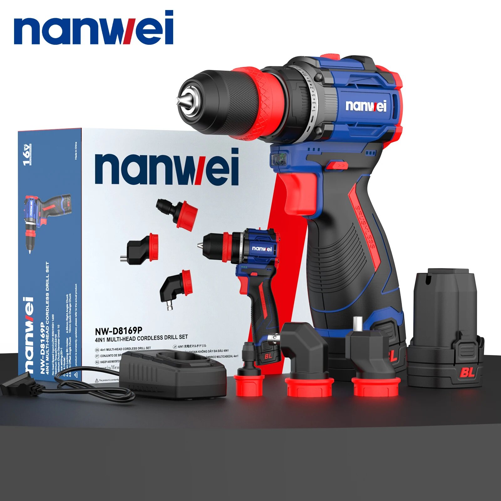 NANWEI Бесщеточная аккумуляторная ударная дрель 50 Нм 4 в 1 2 batteries