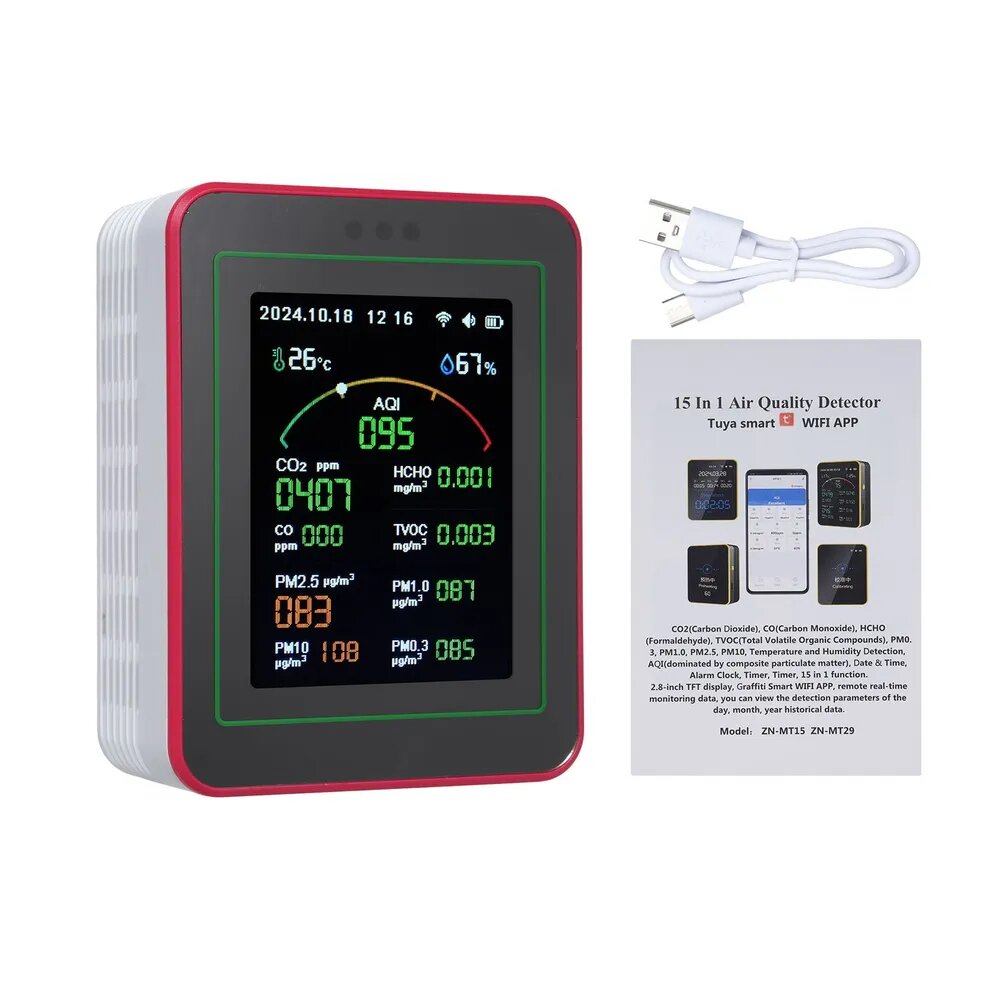 Монитор качества воздуха 15-в-1 Tuya smart WIFI APP, детектор CO2 HCHO TVOC PM2.5 PM10