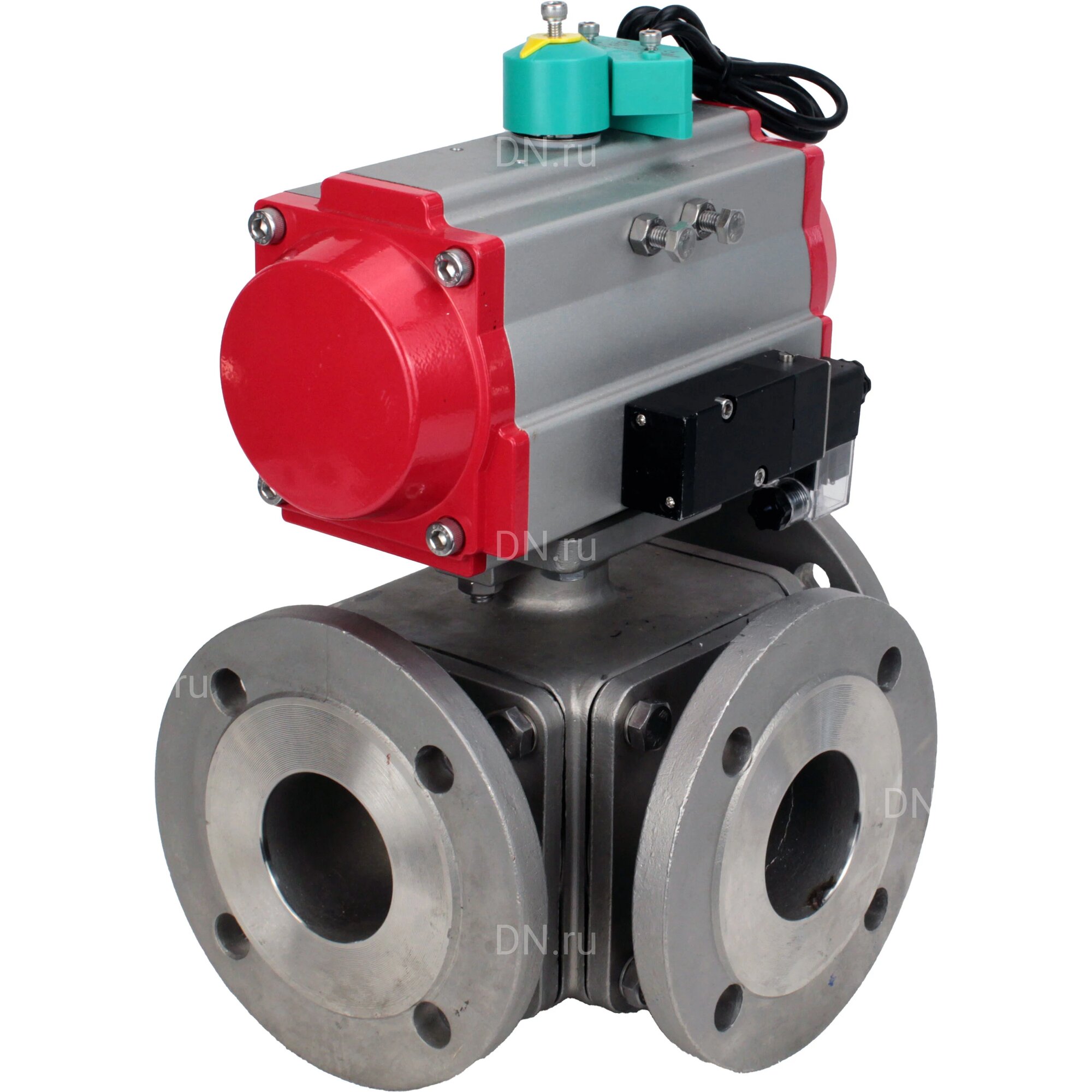 Кран шаровой DN.ru 316-316-PTFE L-тип Ду40 Ру16 полнопроходной трехходовой L-тип, фланцевый, корпус - нерж. сталь SS316, уплотнение - PTFE, с пн. приводом DA-065, пн. распределителем PND2-S1EM-52-1NC-J08-220VAC и магнитным переключателем МППП-200