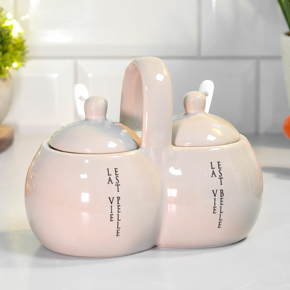 Соусница керамическая "Жизнь прекрасна" 2х270 мл, с крышками и ложками, бежевый цвет