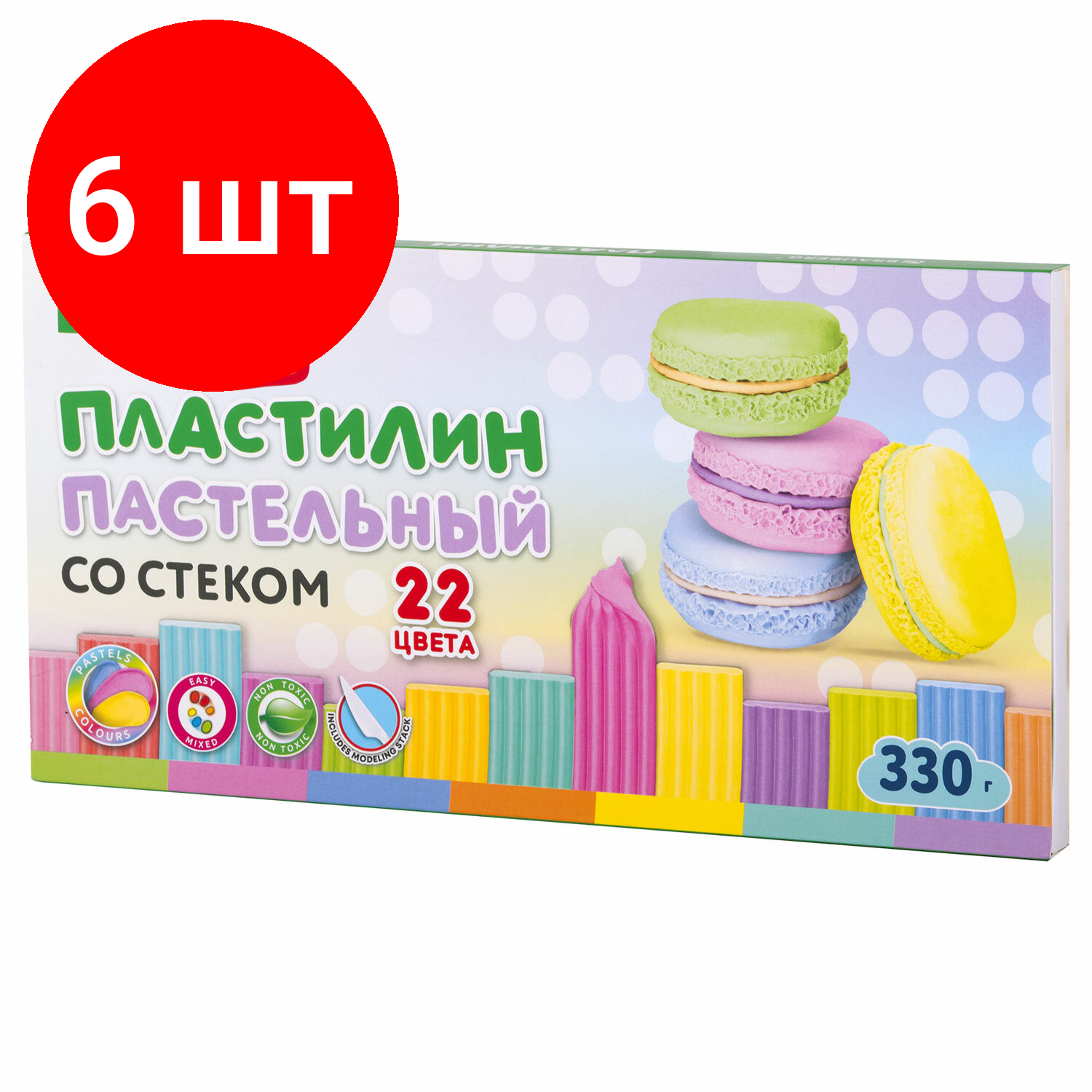 Комплект 6 шт, Пластилин классический пастельные цвета BRAUBERG KIDS, 22 цвета, 330 грамм, стек, 106682