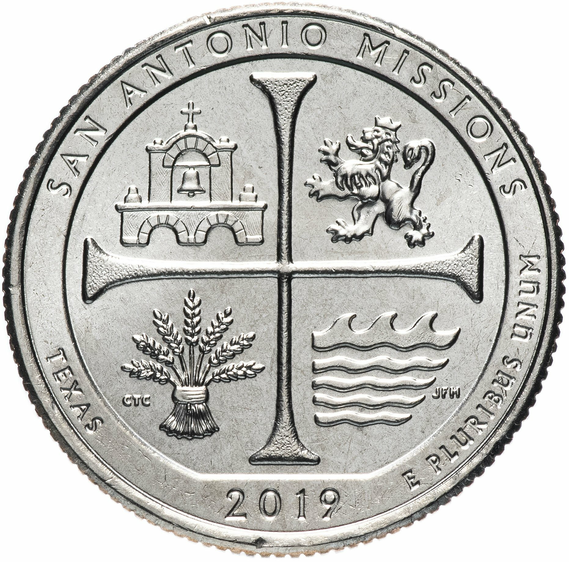 США 1/4 доллара 25 центов, квотер 2019 P — "Национальный исторический парк миссий Сан-Антонио" 49-й парк, Мельхиор медь-никель, в сохранности UNC