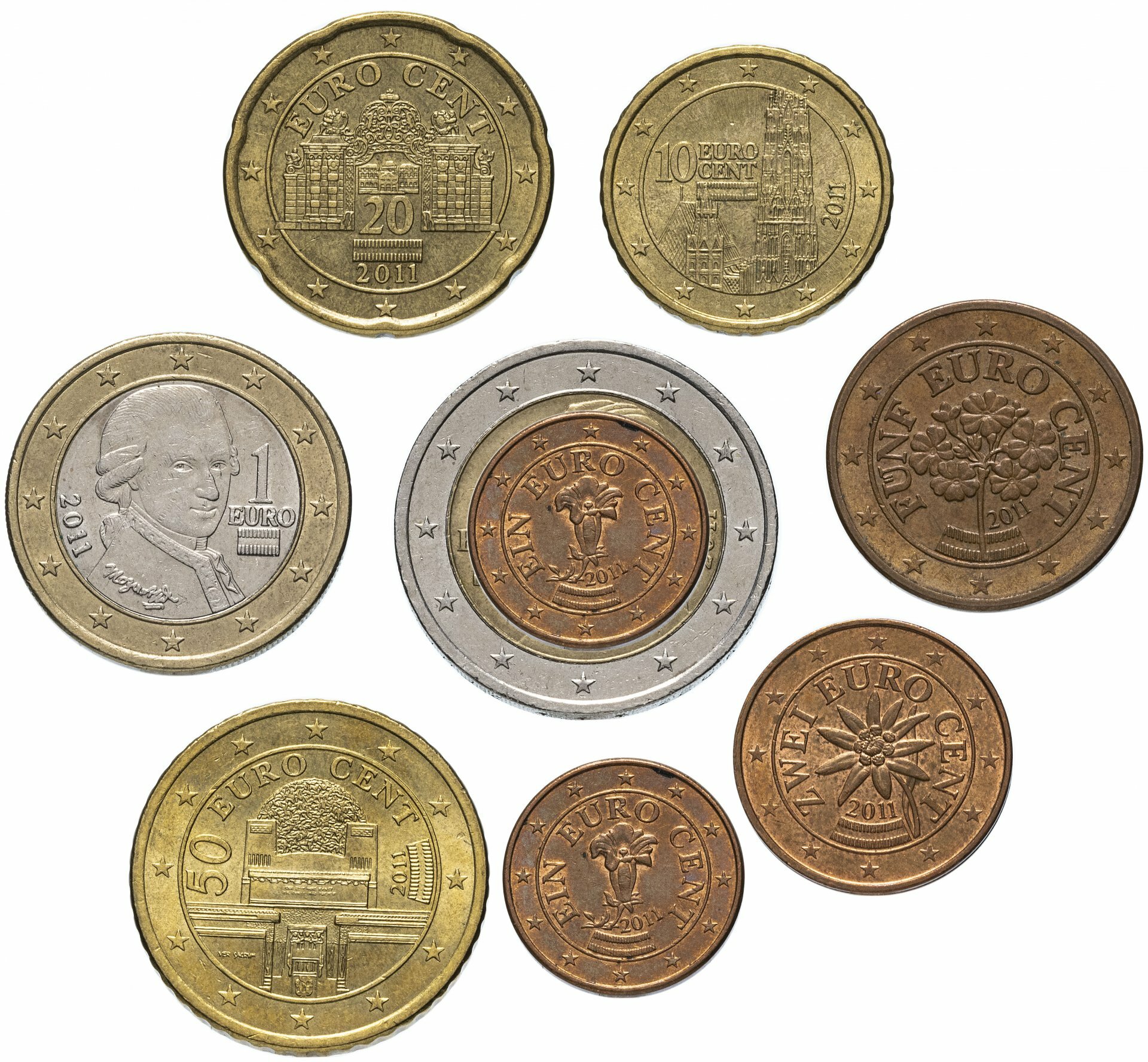 Австрия полный годовой набор евро для обращения 2011 8 штук, VF-XF, Биметалл