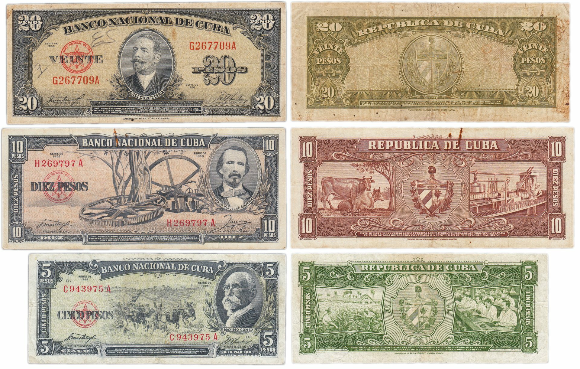 Куба набор из 3 банкнот 5, 10, 20 песо 1958