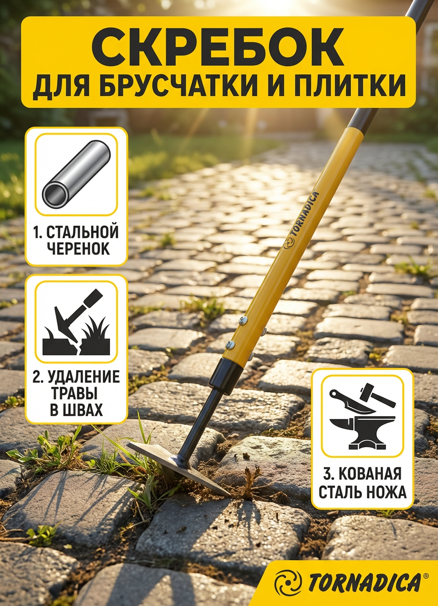 Скребок для плитки и швов Торнадика со стальным черенком 160 см. / Скребок для брусчатки Tornadica / Скребок для льда