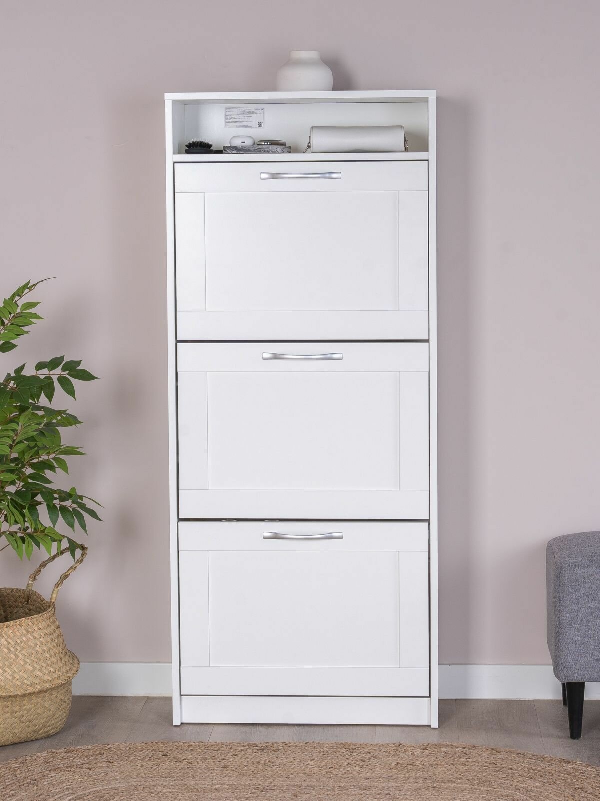 Обувница Сириус с 3 откидными ящиками, 60 х 25 х 143 см, ЛДСП, белая, ГУД лакк