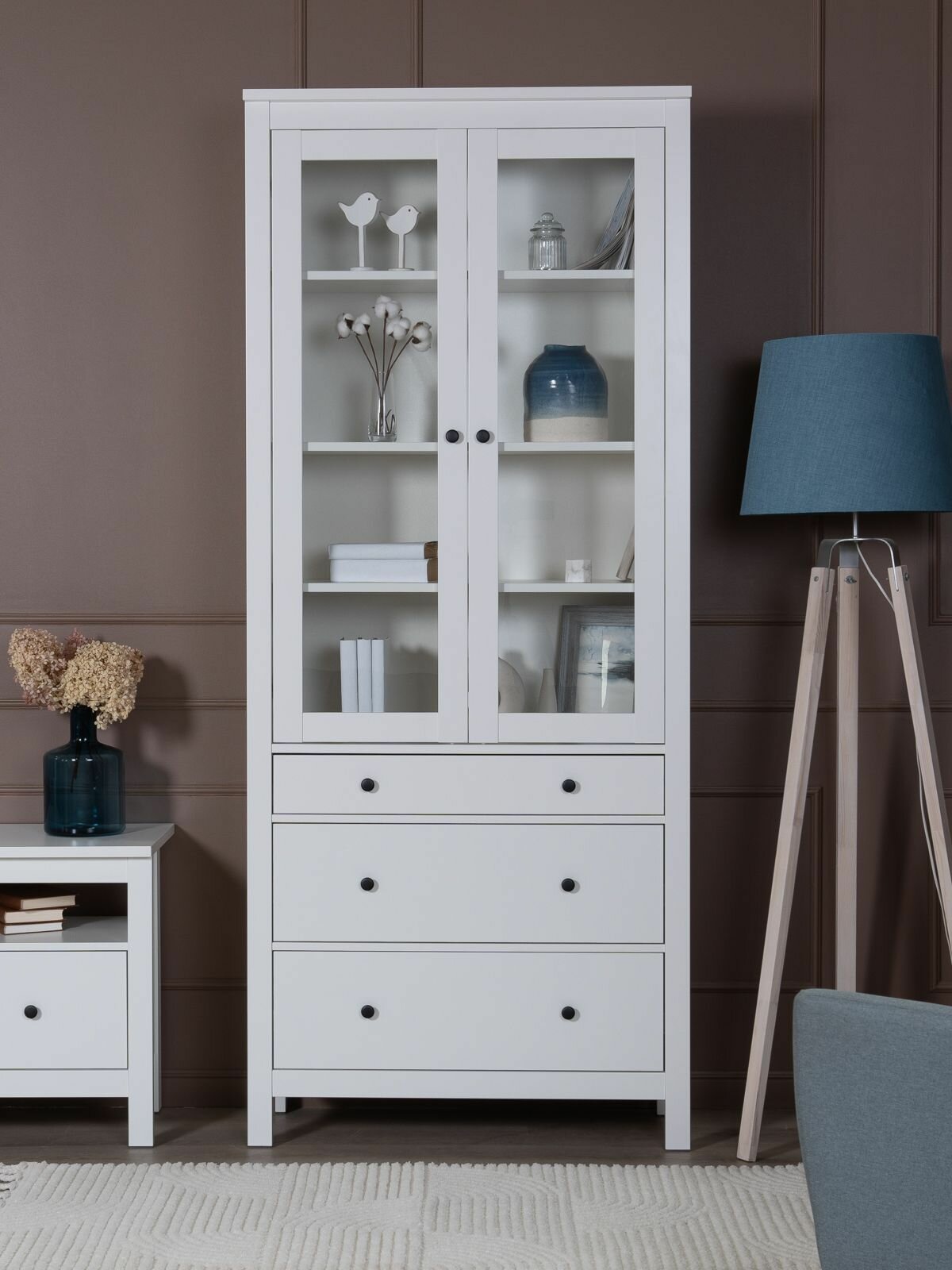 Шкаф с витриной Сага, 90х41х215 см, белый, ГУД лакк