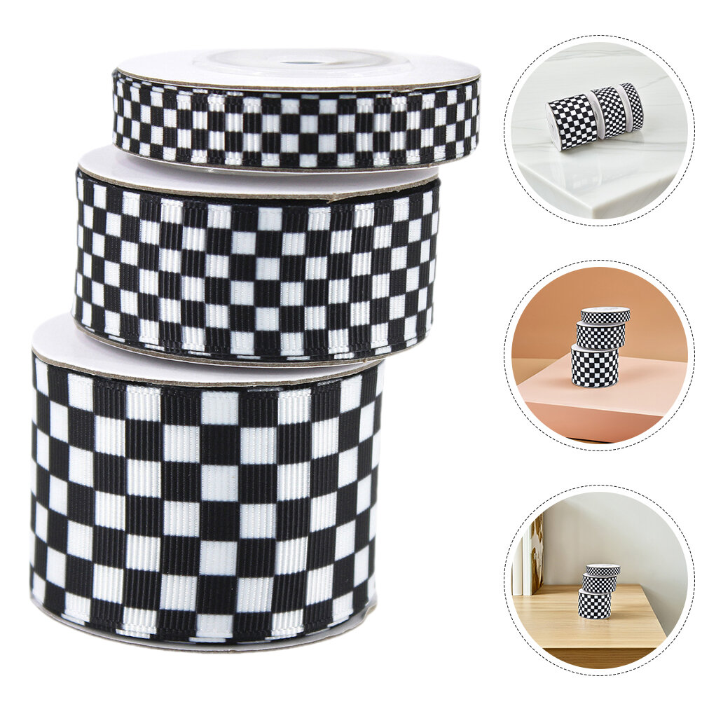 Лента из полиэстера с черно-белой клеткой для подарочной упаковки и творческих проектов, 3 рулона